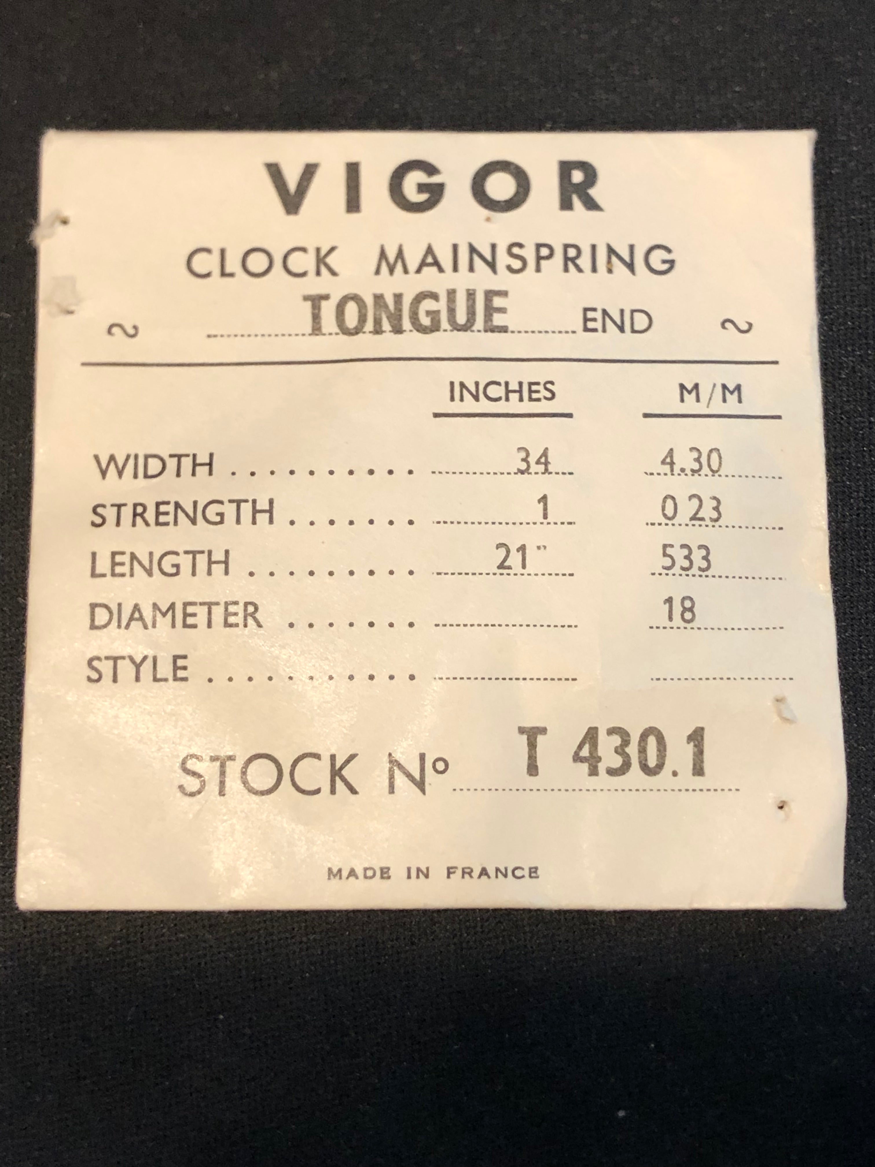 Vigor TONGUE End Clock Mainspring - 34 x 1 x 21" Long - T 430.1 ...