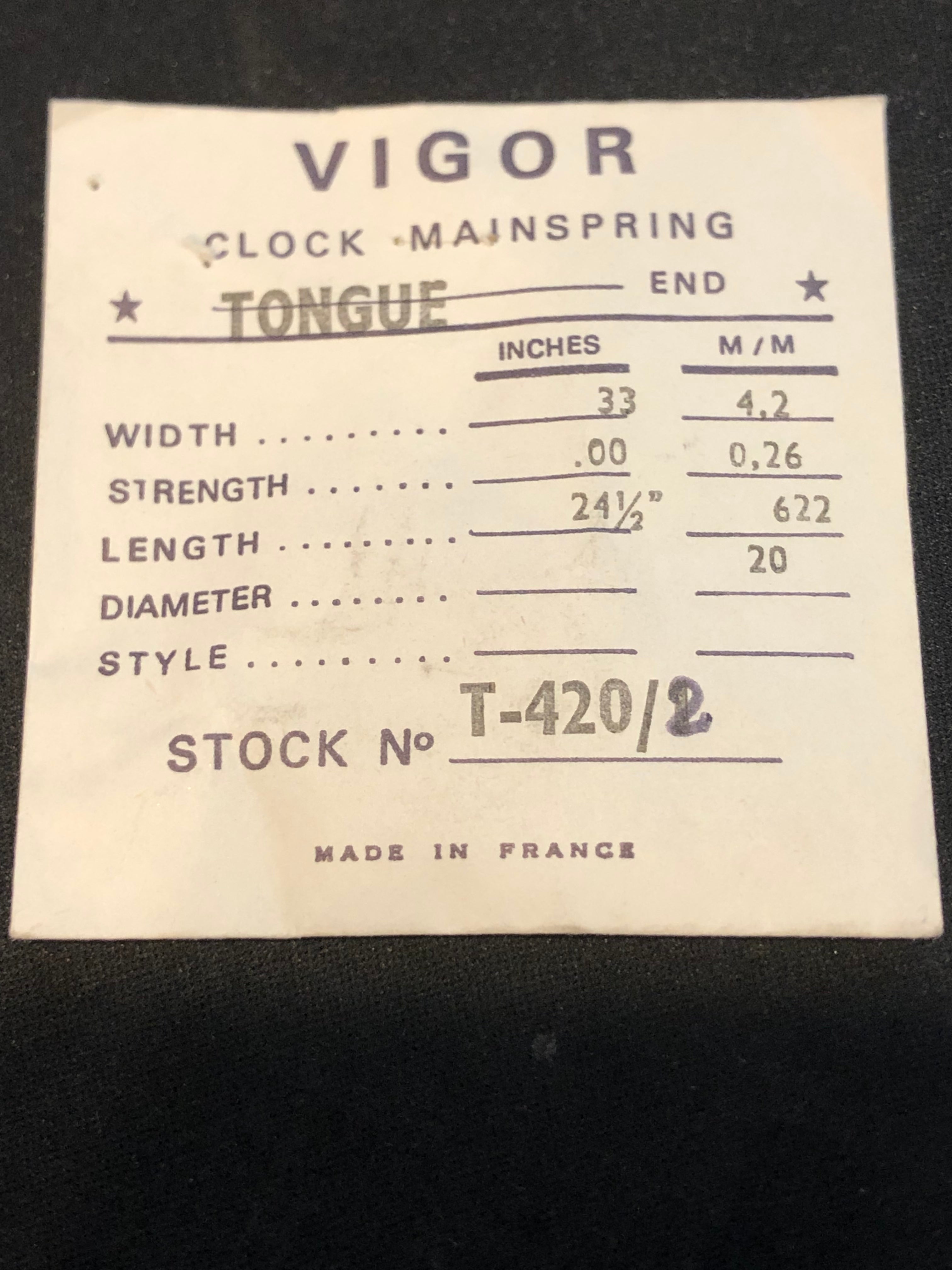Vigor TONGUE End Clock Mainspring - 33 x 00 x 24½" Long - T-420/2 ...