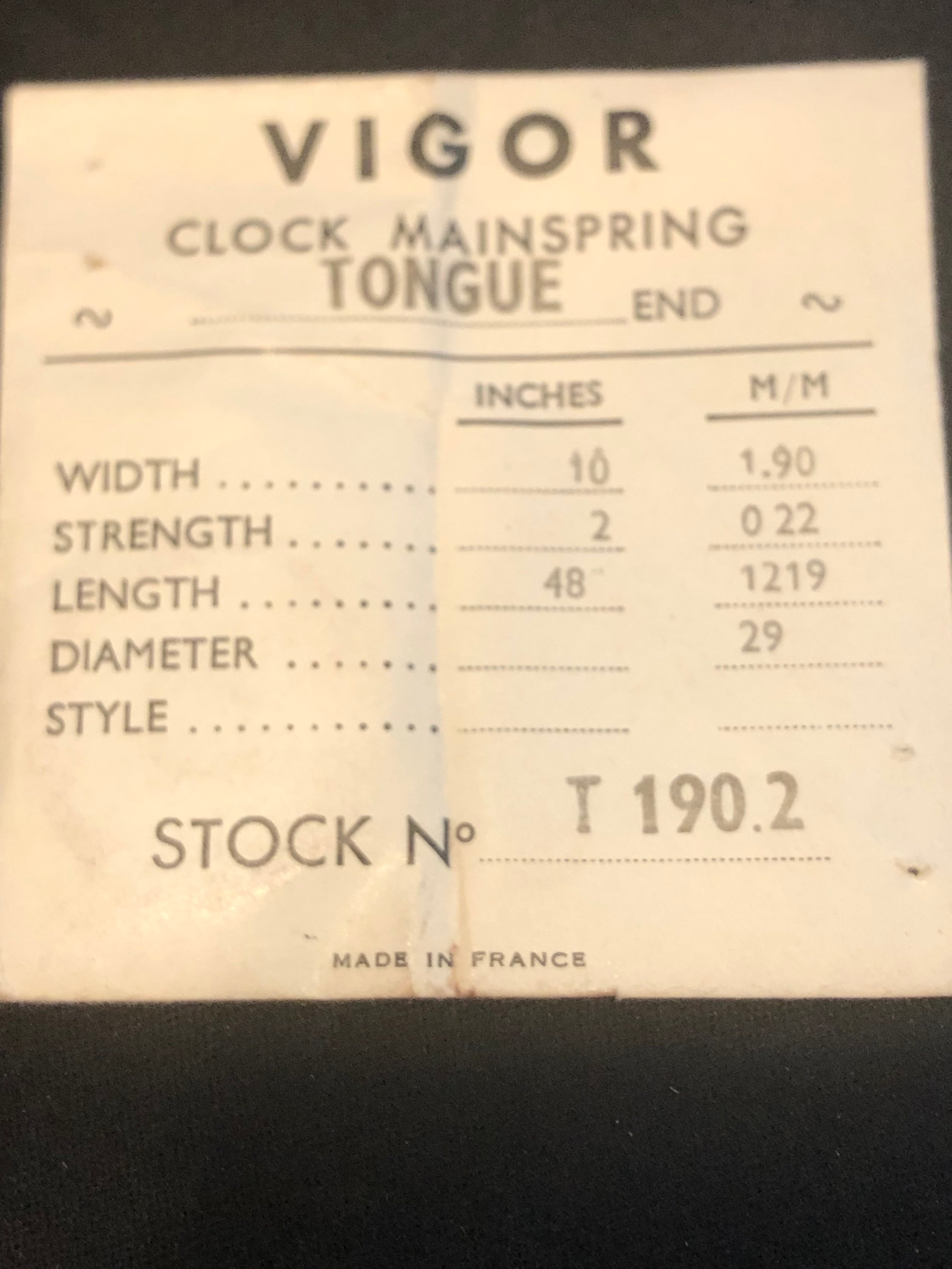 Vigor TONGUE End Clock Mainspring - 10 x 2 x 48" Long - T 190.2 ...