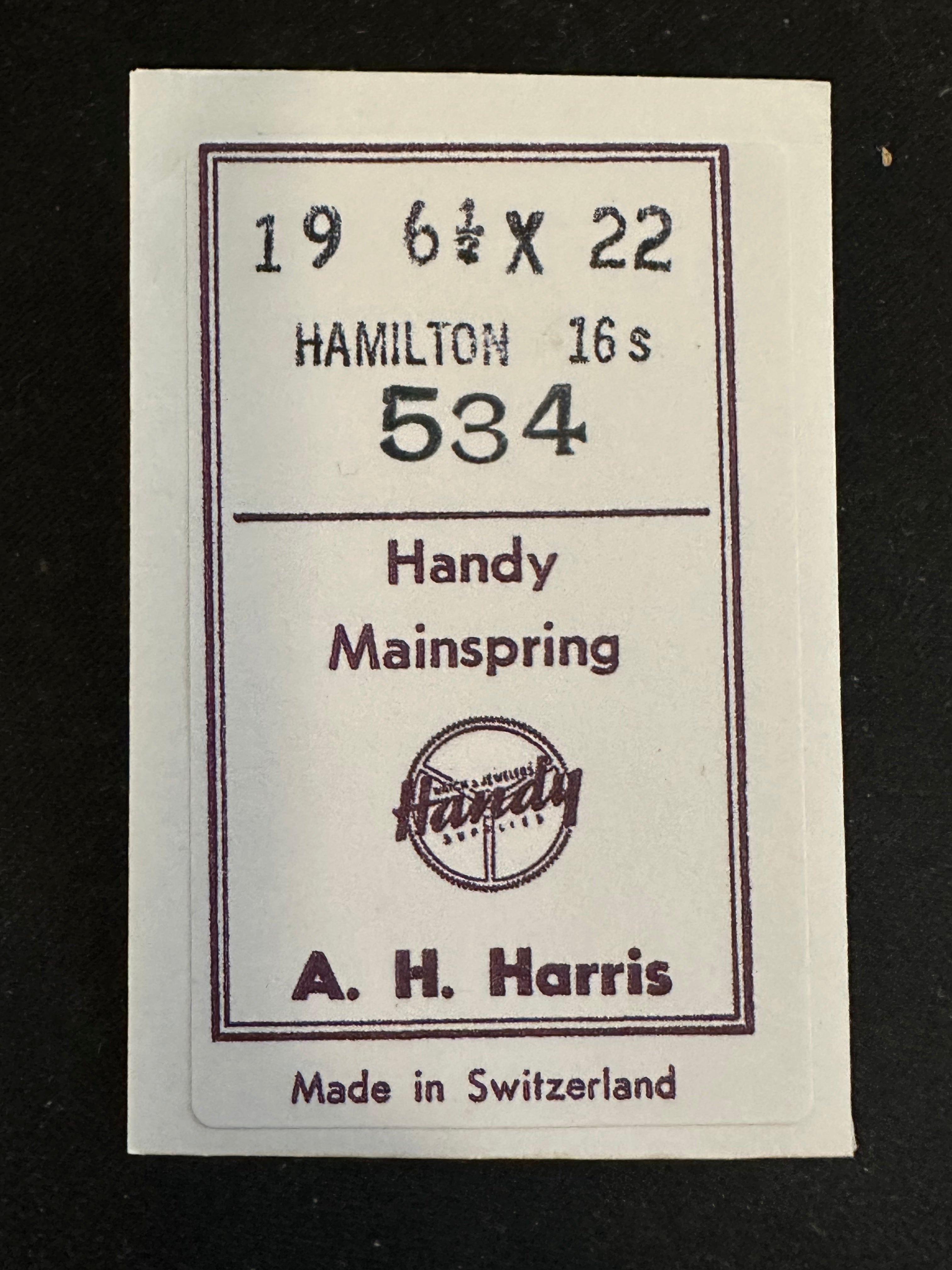 A.H. Harris Handy Mainspring for 16s Hamilton No. 534 - Steel – Vintage ...