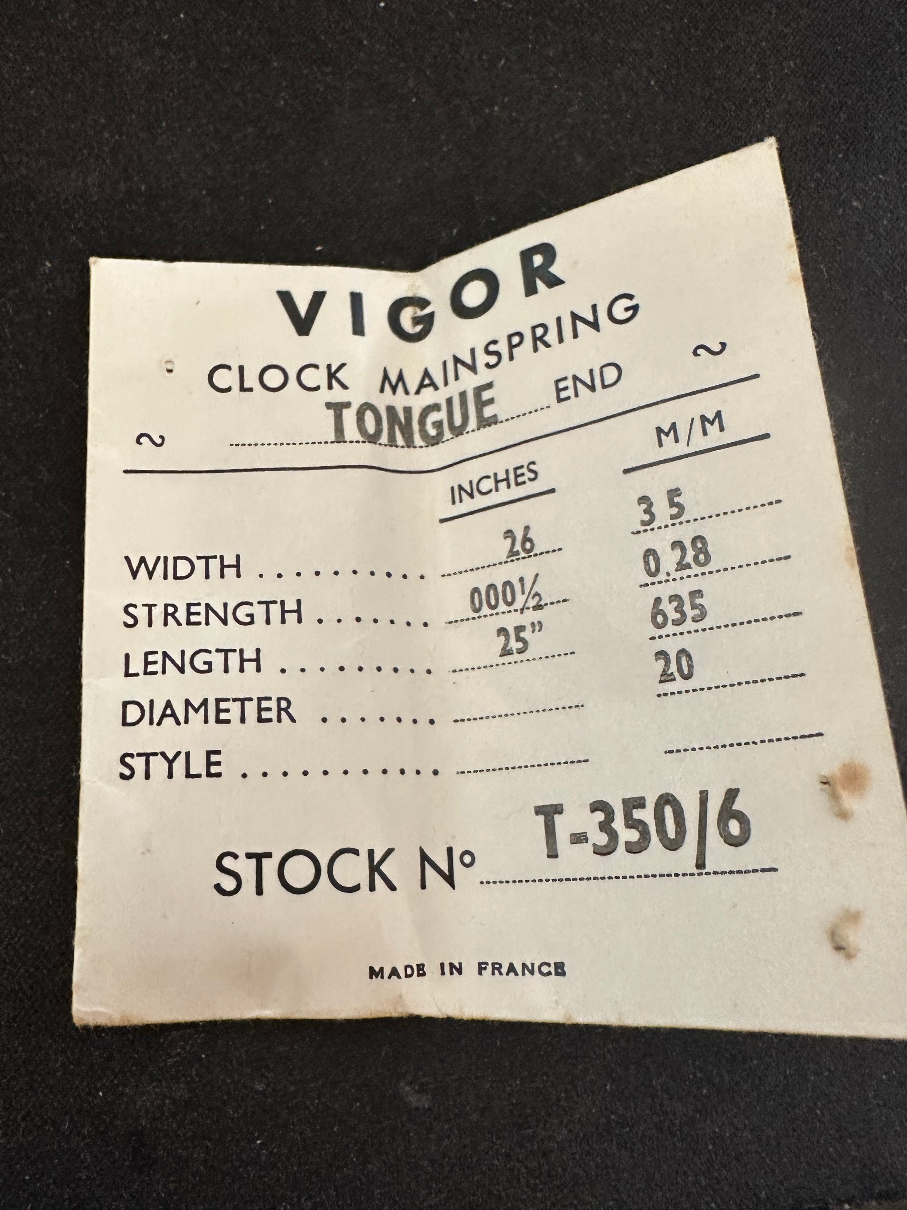 Vigor TONGUE End Clock Mainspring - 26 x 3/0½ x 25" Long - T 350/6 ...