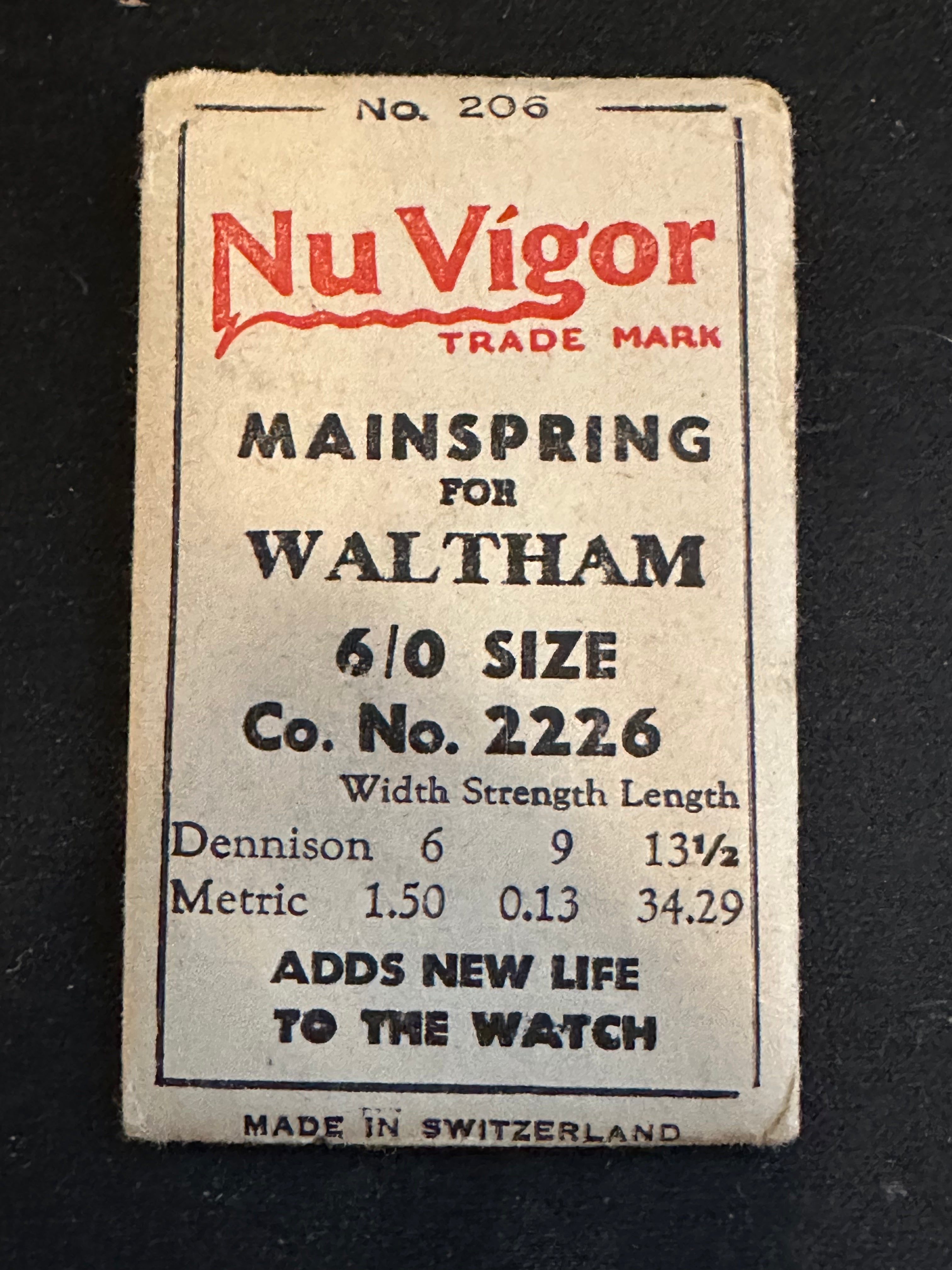 NuVigor Mainspring #206 for Waltham 6/0s Model 1898 No. 2226 - Steel ...